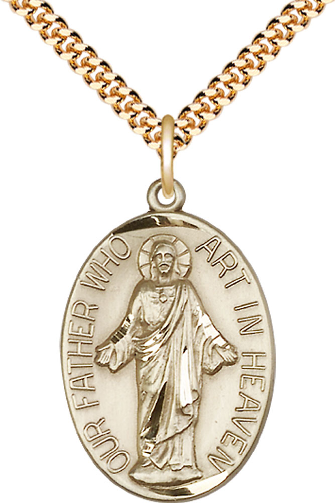 14kt Gold Filled Our Father Pendant on a 24 inch Gold Plate Heavy Curb ...